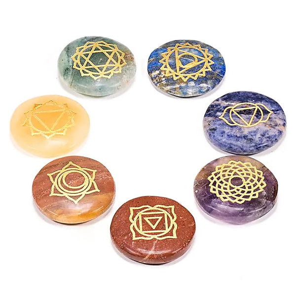 Seven Chakra Symbols Engraved Circular Flat Stones – Flying Wild
